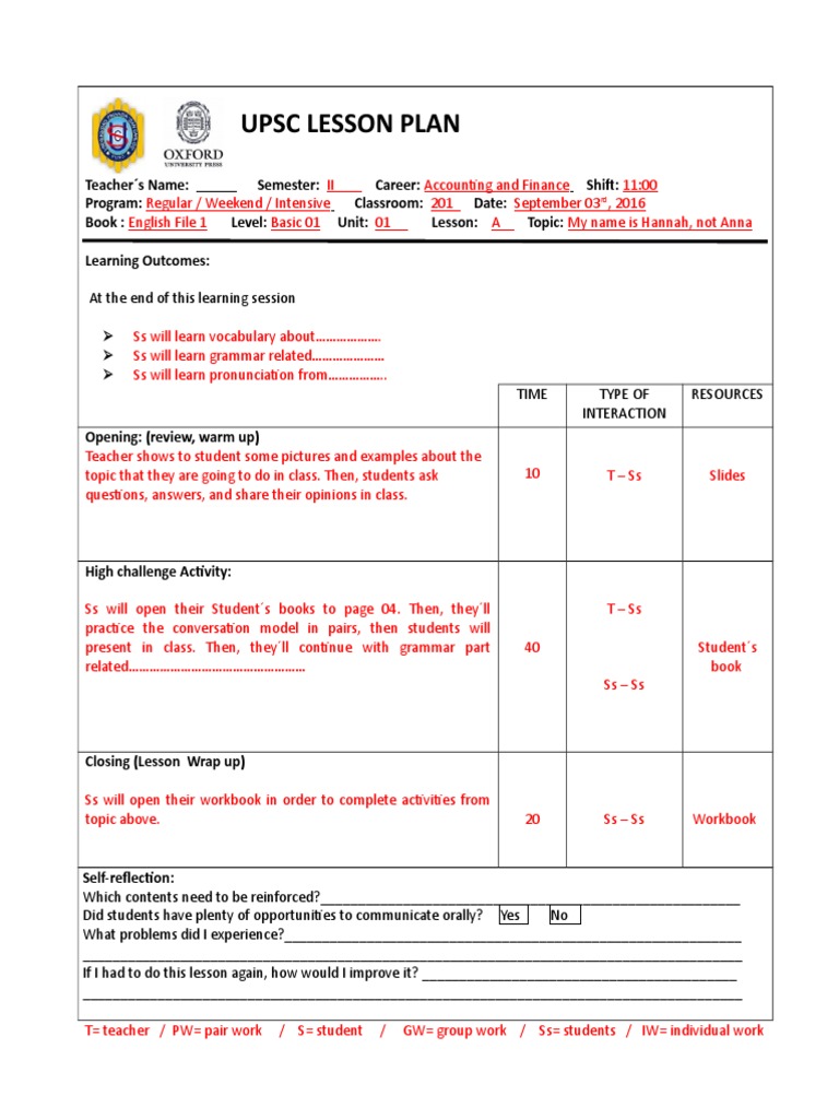 Upsc Lesson Plan: Teacher S Name: Semester: Program: Book: Learning ...