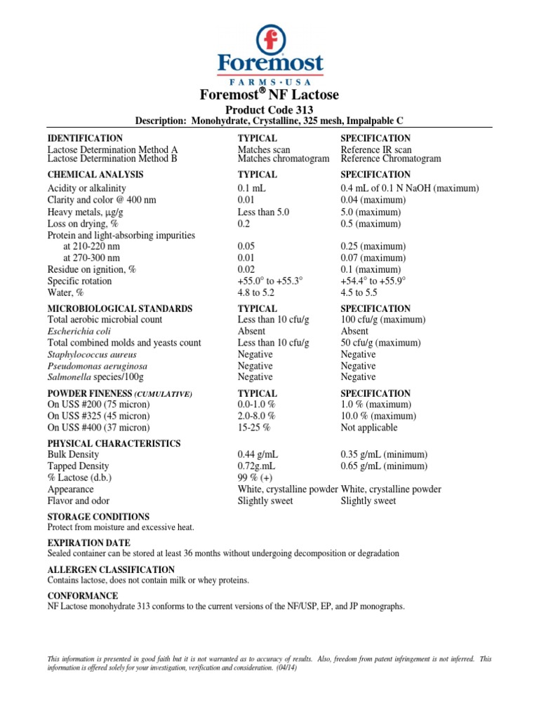 COA For TDS NF Lactose 313 | PDF | Chemistry | Nature