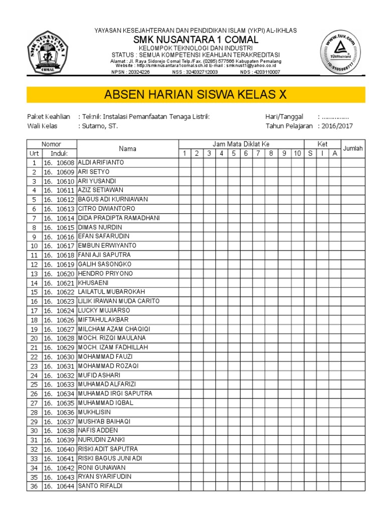 Absen Siswa Kls. X, XI, XII 2016-2017 Fix Terbaru | PDF