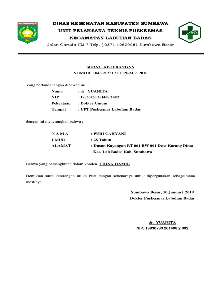 Surat Keterangan Tidak Hamil | PDF