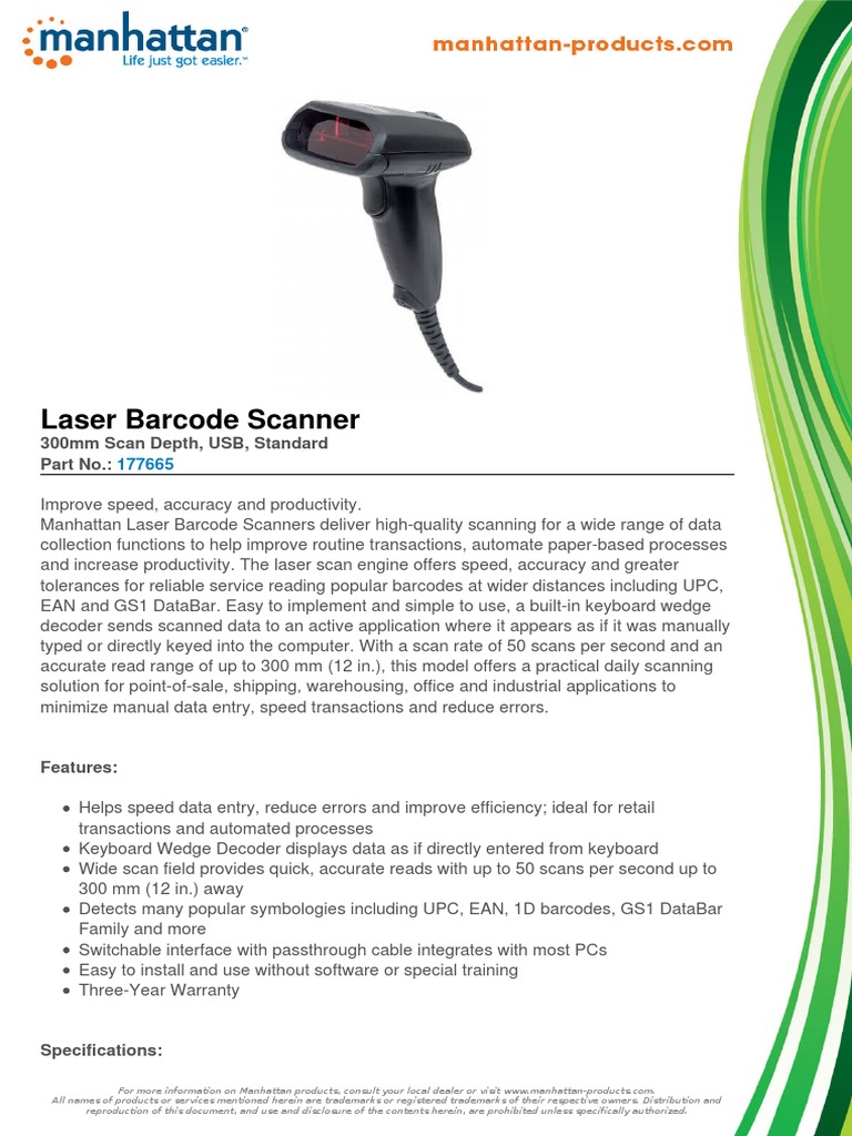 Laser Barcode Scanner: 300mm Scan Depth, USB, Standard Part No. | PDF ...
