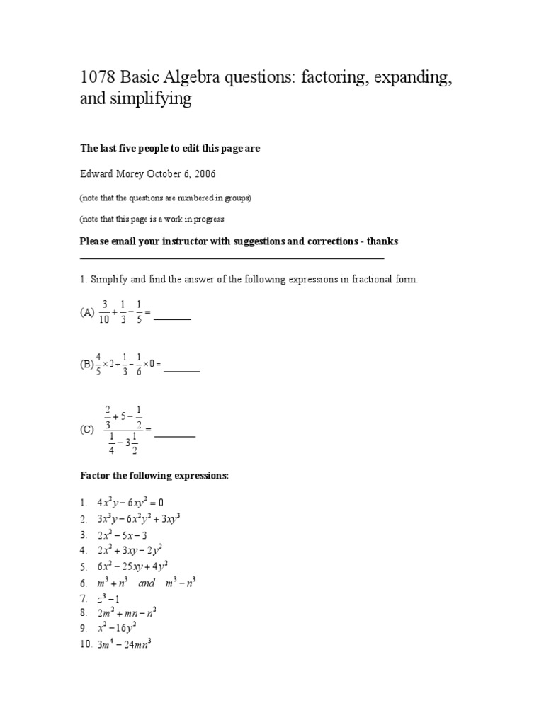 1078 Basic Algebra Questions: Factoring, Expanding, and Simplifying ...