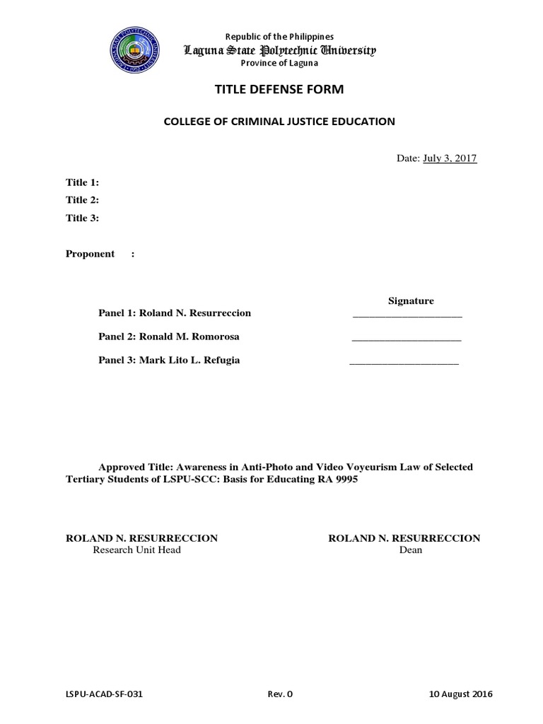 31 Lspu Acad - Title Defense Form | PDF