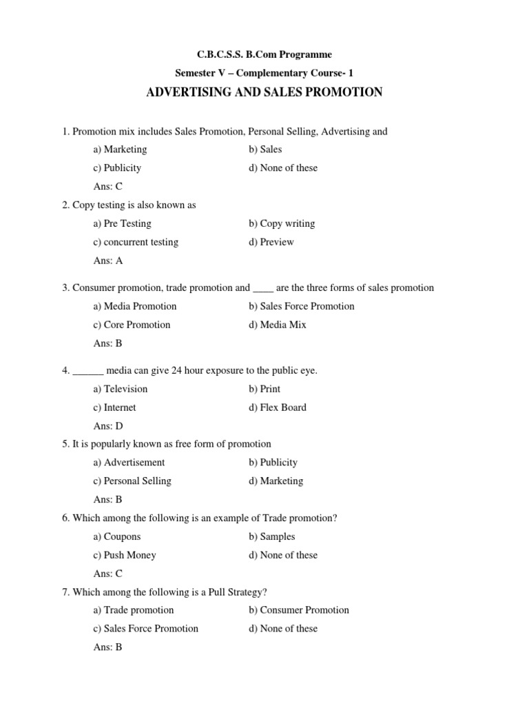 B - Com Sem V - Advertisement and Sales Promotion MCQ | PDF | Promotion ...