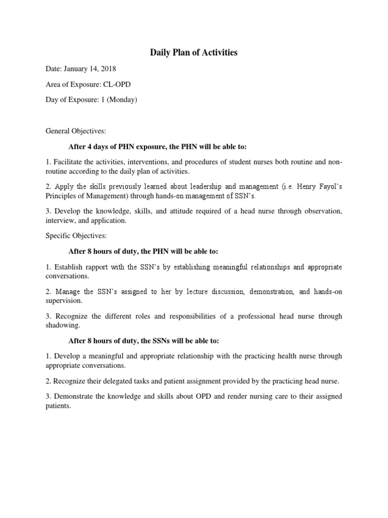 Daily Plan of Activities | PDF | Nursing | Health Care
