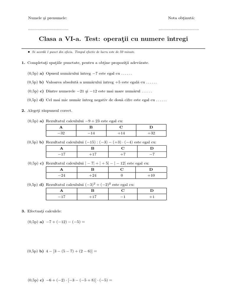 Test - Operații Cu Numere Întregi PDF | PDF