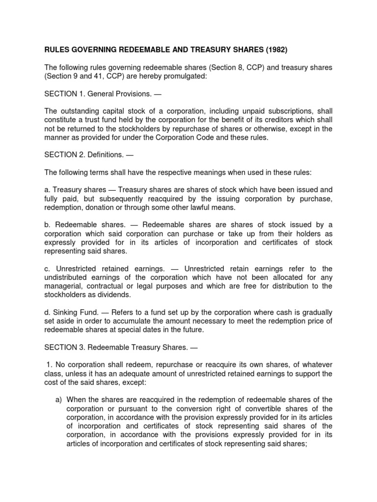 Rules on Redeemable and Treasury Shares | PDF | Treasury Stock ...