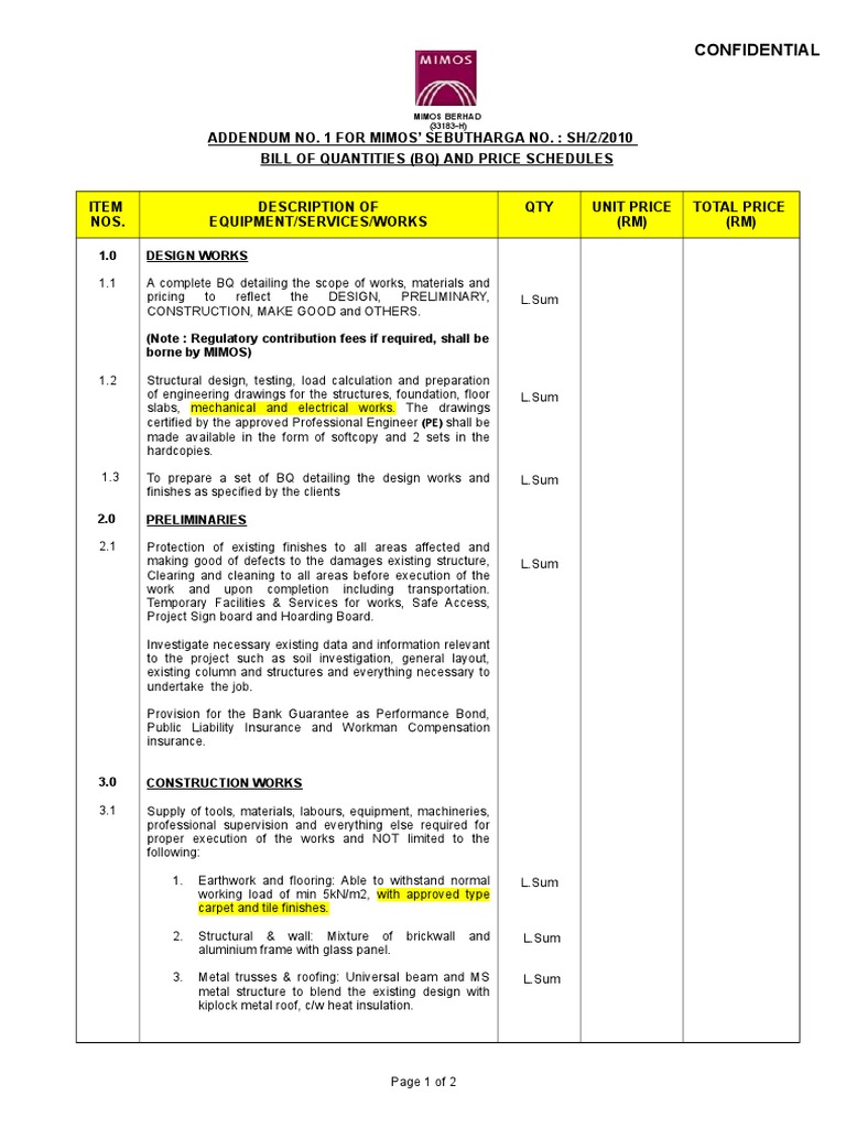 Section F Bill of Quantity BQ Addendum 1 | PDF | Duct (Flow) | Building Engineering