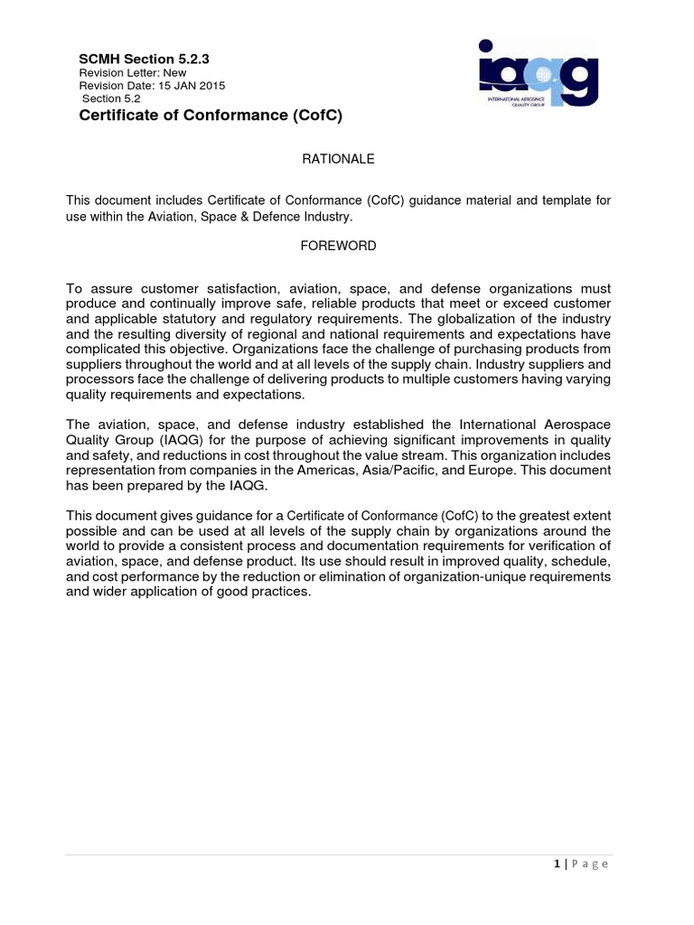 5.2.3 CofC 21 JAN 15 | PDF | Supply Chain | Quality Management System