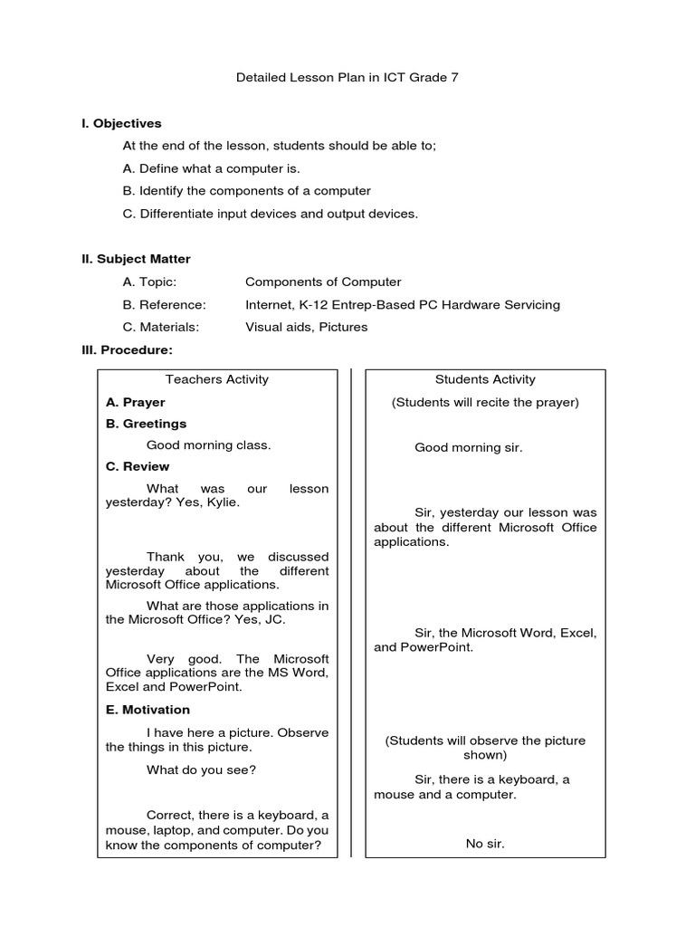 Grade 7 ICT Lesson Plan: Computers | PDF | Input/Output | Computer Data ...