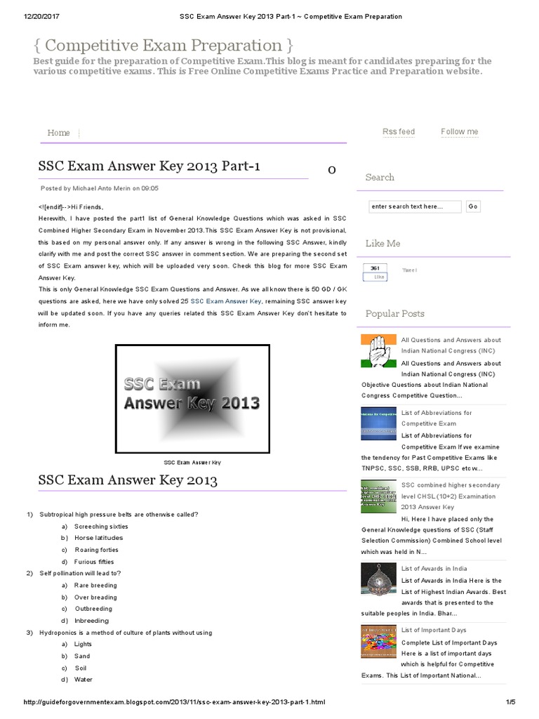 SSC Exam Answer Key 2013 Part-1 - Competitive Exam Preparation | PDF ...