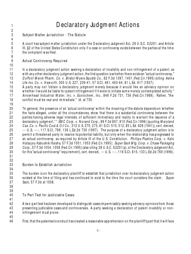 DJ Outline | PDF | Declaratory Judgment | Glossary Of Patent Law Terms