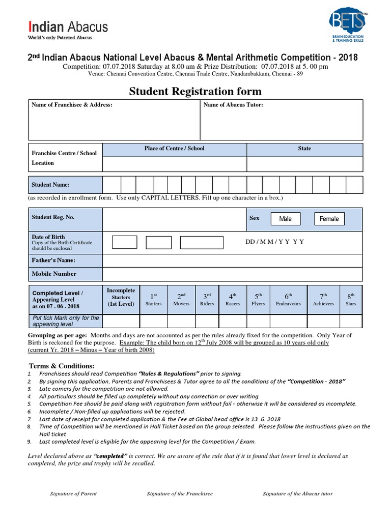 Student Registration Form Competition Indian Abacus | PDF | Franchising ...