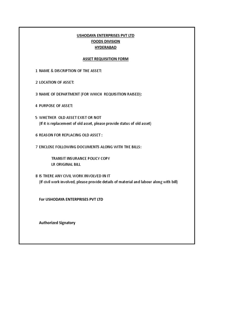Asset Requisition Form - Ushodaya Pvt Ltd | PDF | Law