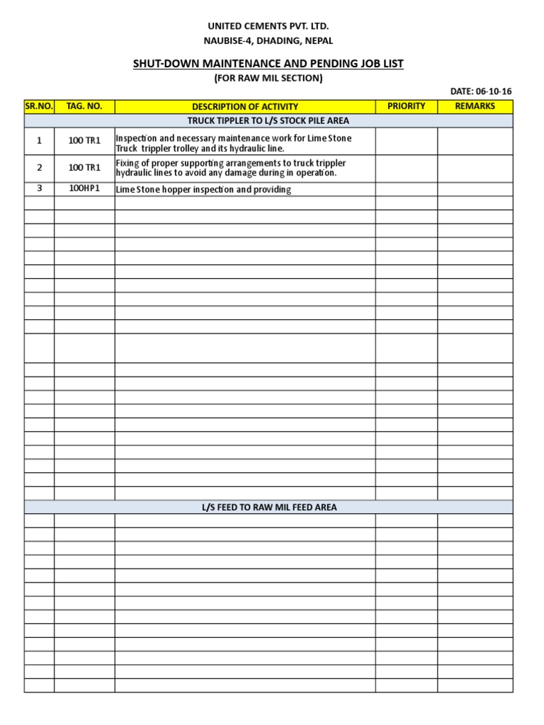 Raw Mill Section Maintenance Checklist | PDF | Belt (Mechanical) | Pump