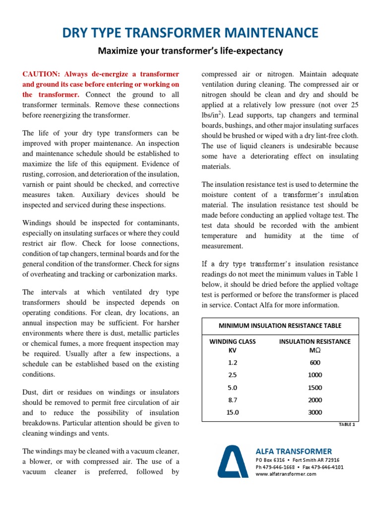 Dry Transformer Maintenance | PDF | Transformer | Insulator (Electricity)