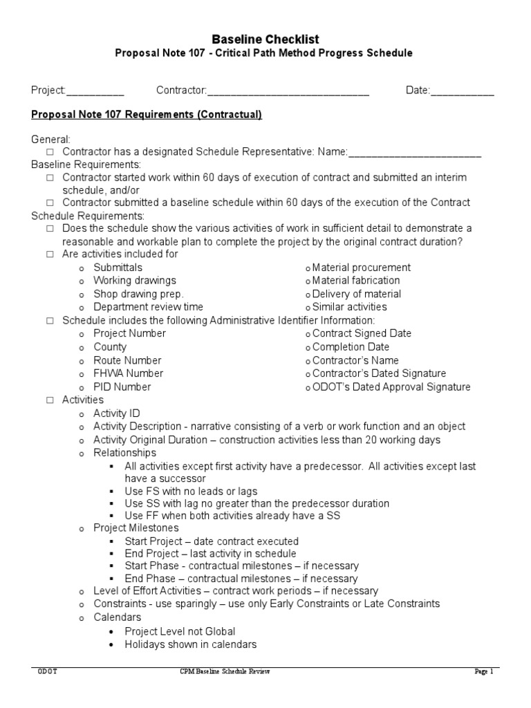 Baseline Checklist: Proposal Note 107 - Critical Path Method Progress ...