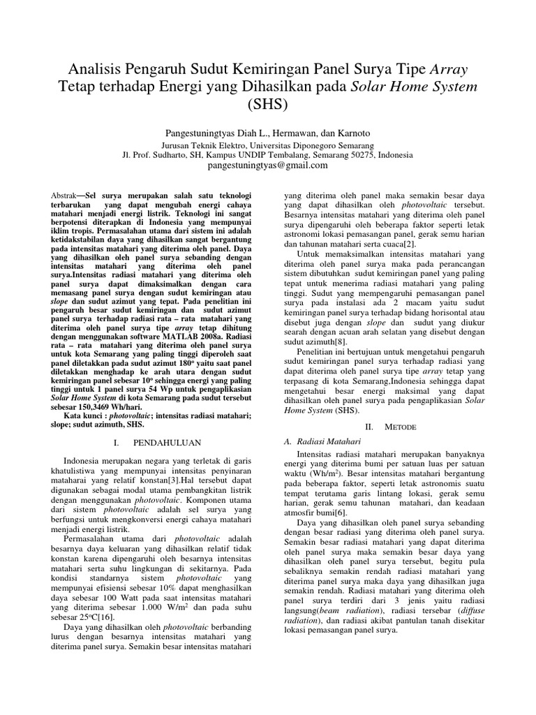 Analisis Pengaruh Sudut Kemiringan Panel Surya Terhadap Energi | PDF