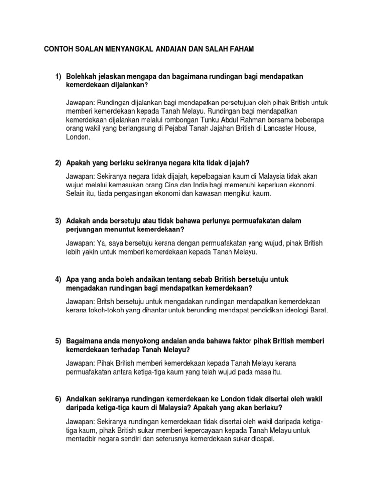 Contoh Soalan Menyangkal Andaian Dan Salah Faham | PDF