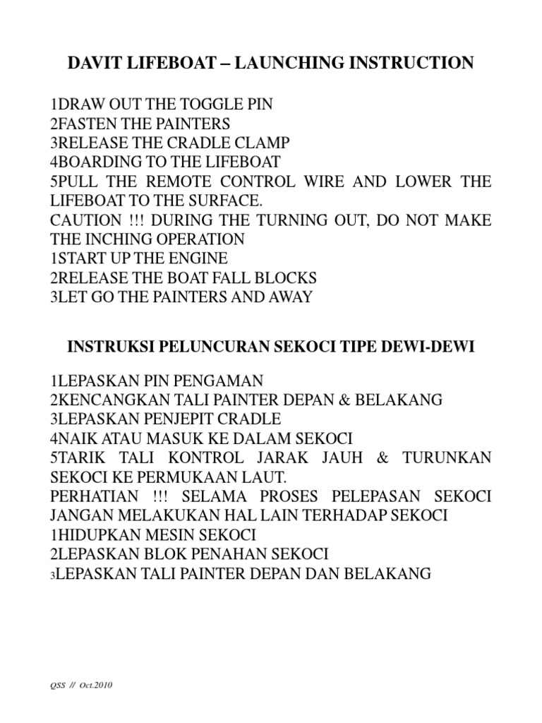Davit Lifeboat - Launching Instruction: Instruksi Peluncuran Sekoci Tipe Dewi-Dewi | PDF
