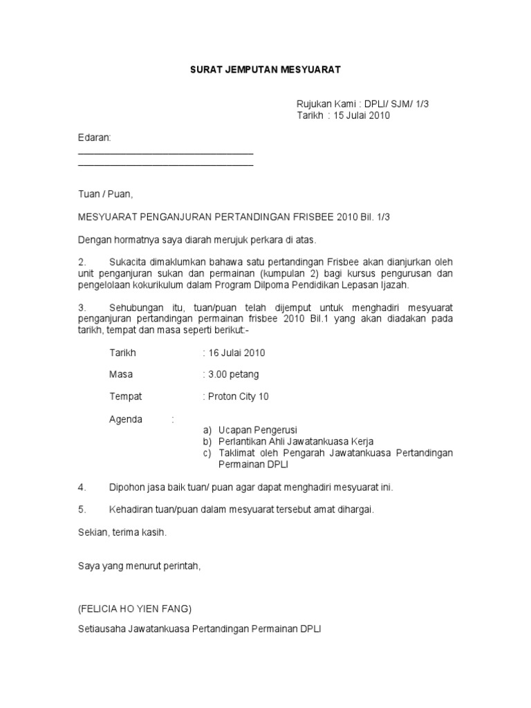 Surat Jemputan Mesyuarat Minit Mesyuarat Surat Jemputan Tetamu | PDF