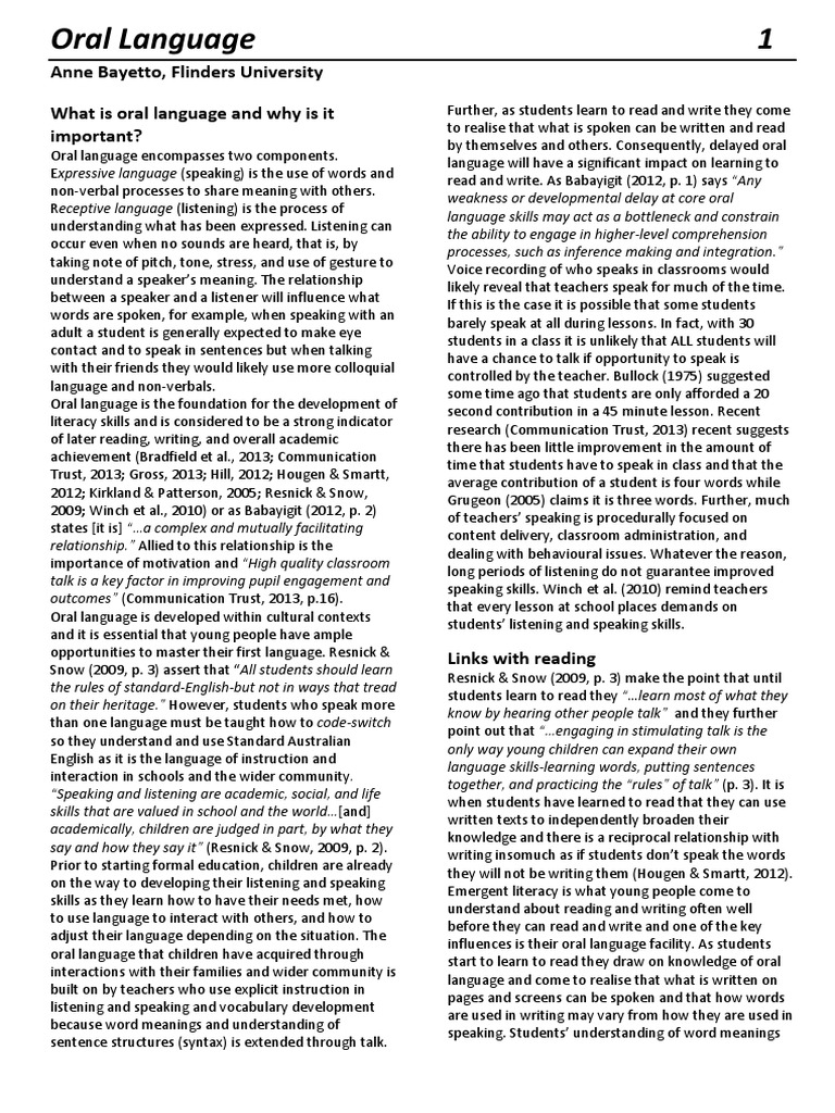 Oral Language Article | PDF | Reading Comprehension | Human Communication