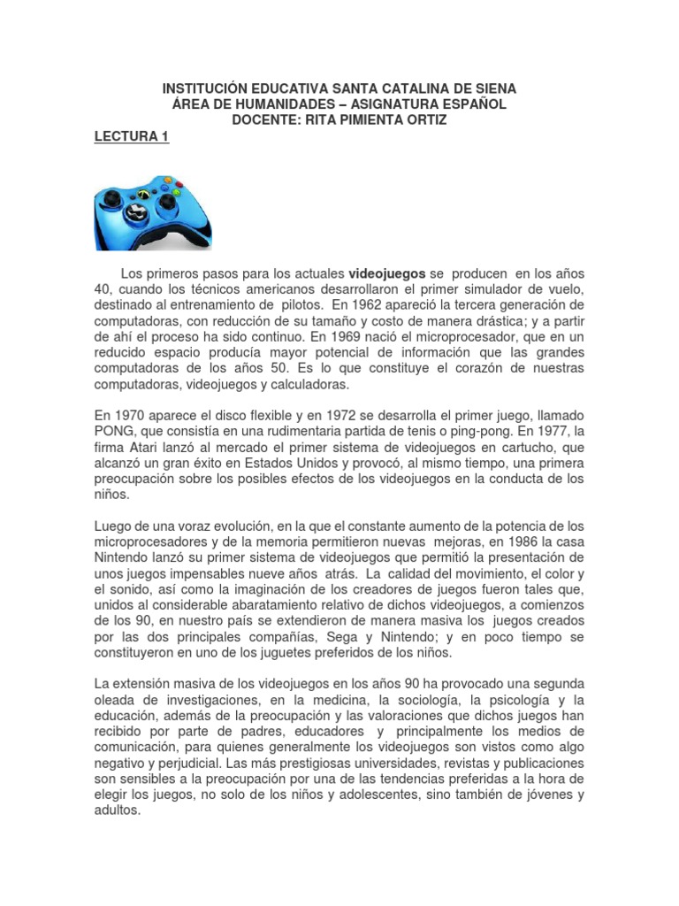 Lectura 1 Video Juegos | Videojuegos | Nintendo