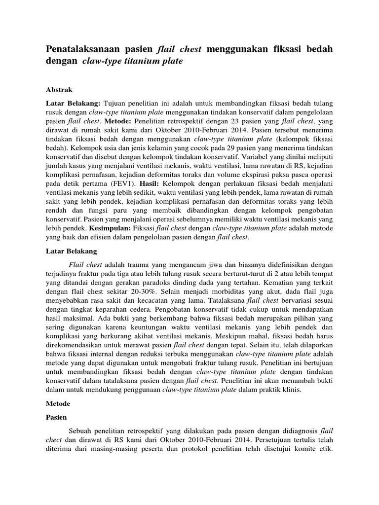 Fiksasi Bedah Flail Chest: Efektivitas Claw-Type Plate | PDF