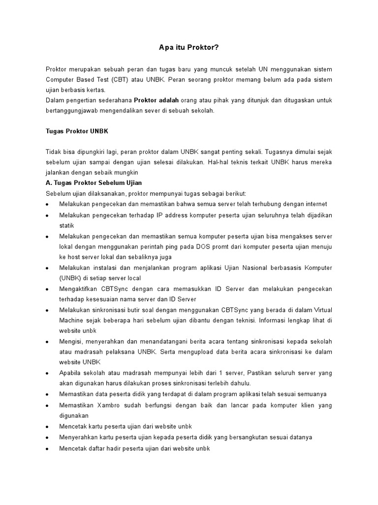 Tugas dan Peran Proktor UNBK | PDF | Teknologi & Rekayasa