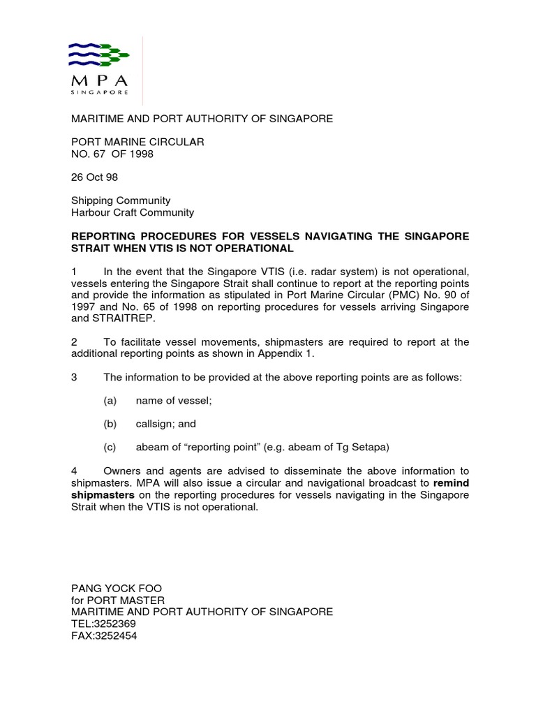 Reporting Procedures For Vessels Navigating The Singapore Strait When ...