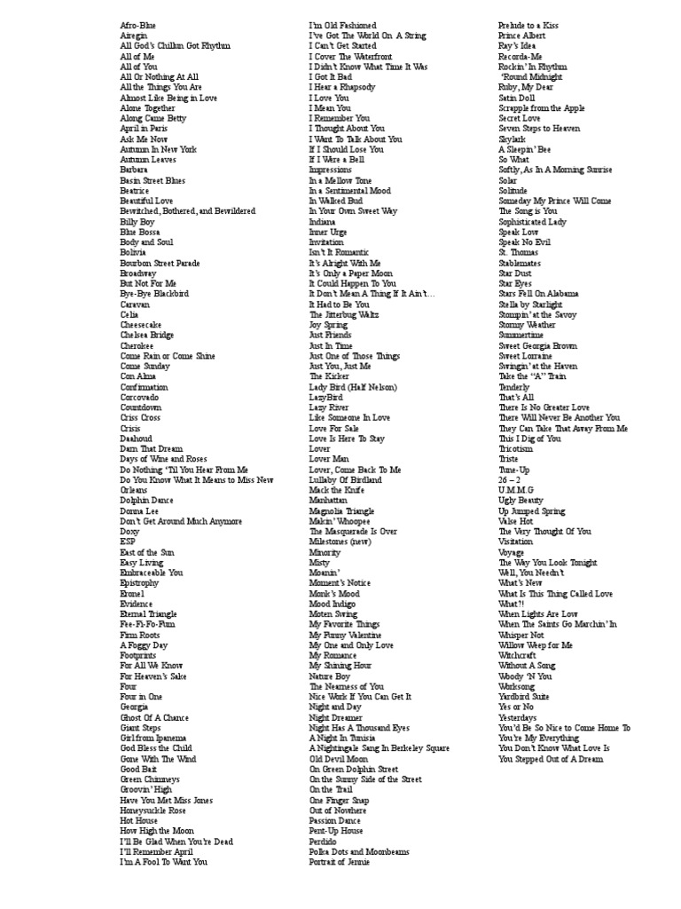 Jazz Standards Tune List | PDF | Popular Music | American Styles Of Music