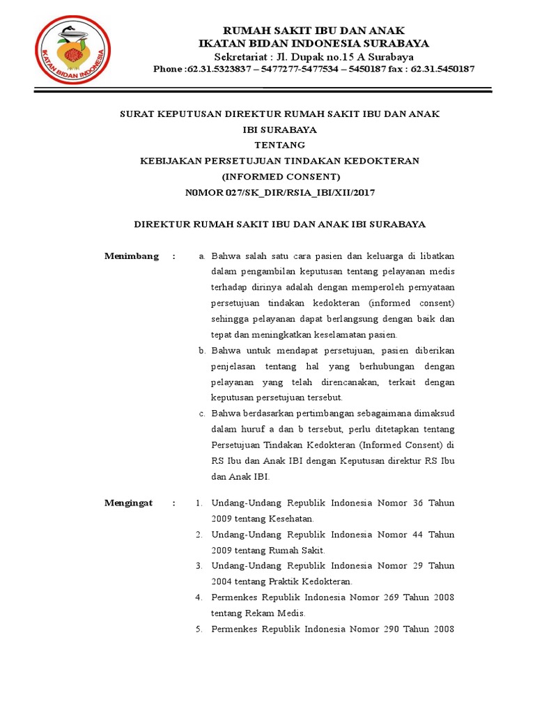Kebijakan Informed Consent RSIA IBI Surabaya | PDF | Kesehatan Holistik