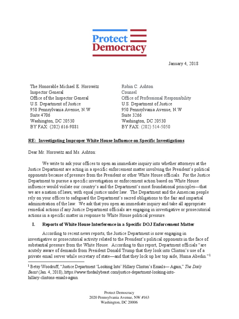 PD Letter To DOJ IG and OPR Re WH Interference 01042018 | Download Free ...