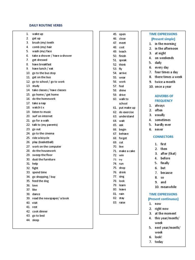 Daily Routine Verbs: Time Expressions (Present Simple) | PDF | Languages