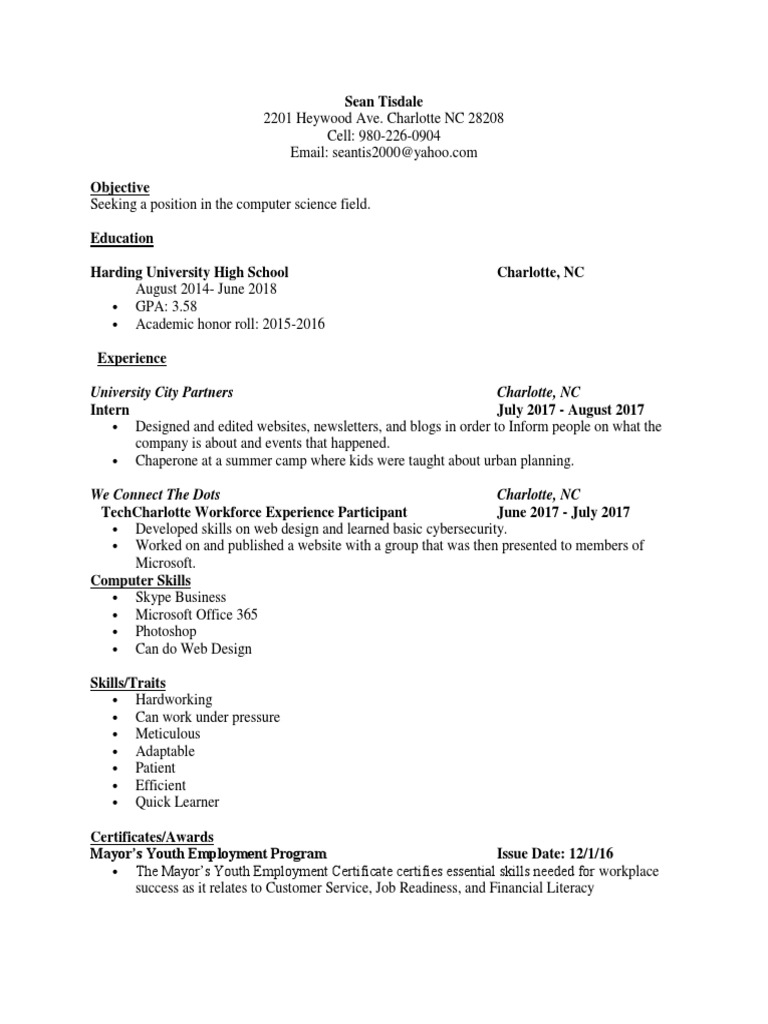 Computer Science Resume of Sean Tisdale | PDF