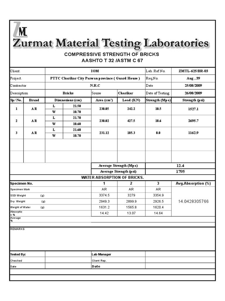 Compressive Strength of Bricks Aashto T 32 /astm C 67 | PDF | Materials | Building Engineering
