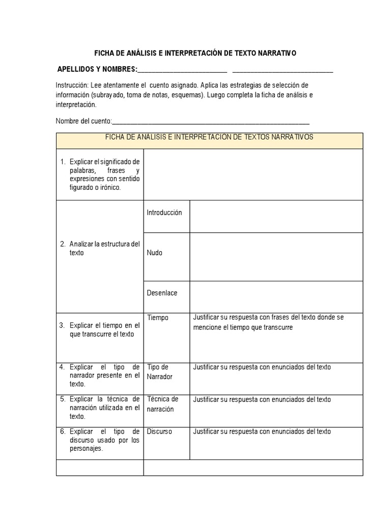 Ficha de Analisis de Cuento | Narración | Cuentos