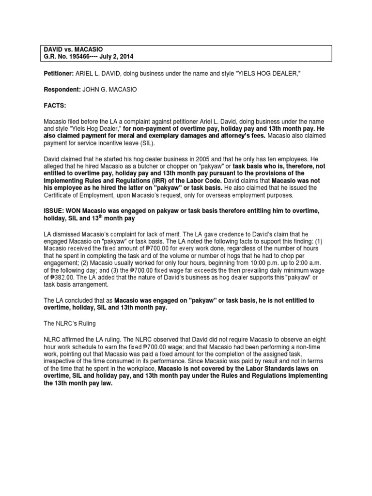 Labor Standards Case Digest | PDF | Overtime | Employment