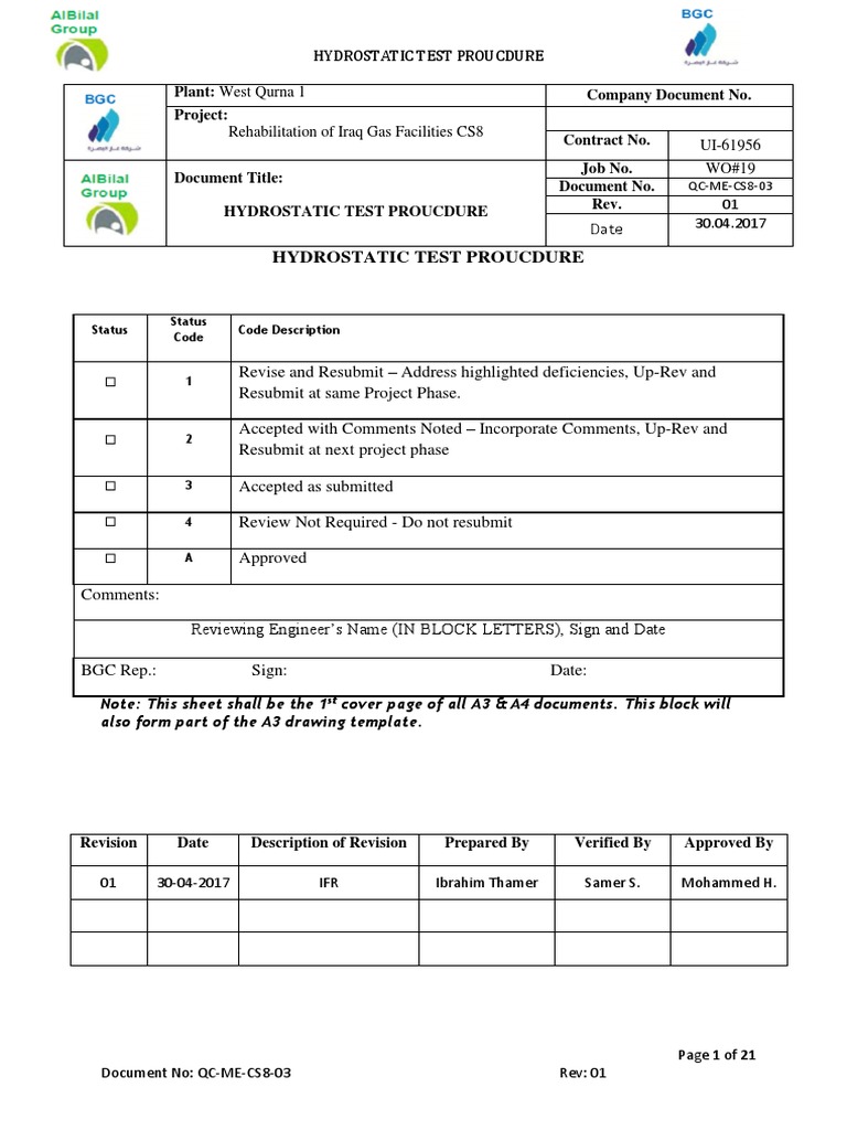 Hydrostatic Test Proucdure | PDF | Pressure Measurement | Leak