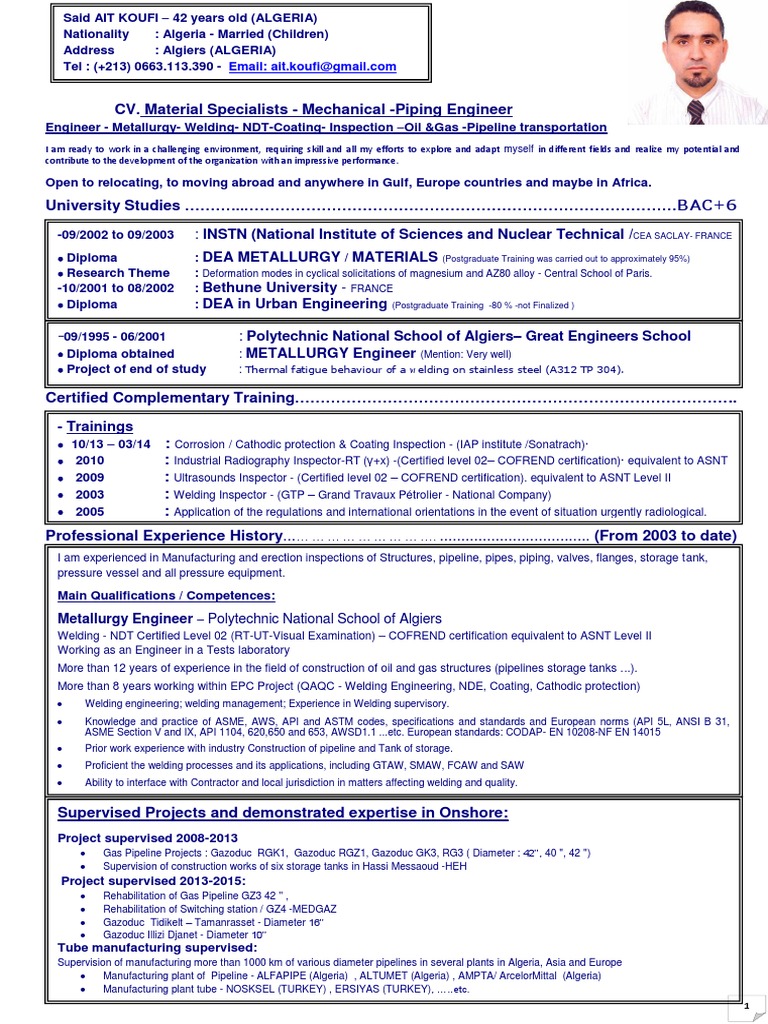 CV-AIT KOUFI Metallurgist Engineer - QAQC Welding NDT Coating Head DPT ...
