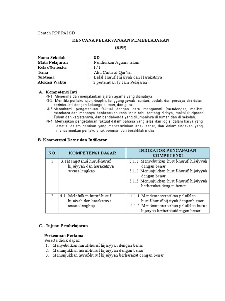 Model RPP PAI Kelas I | PDF