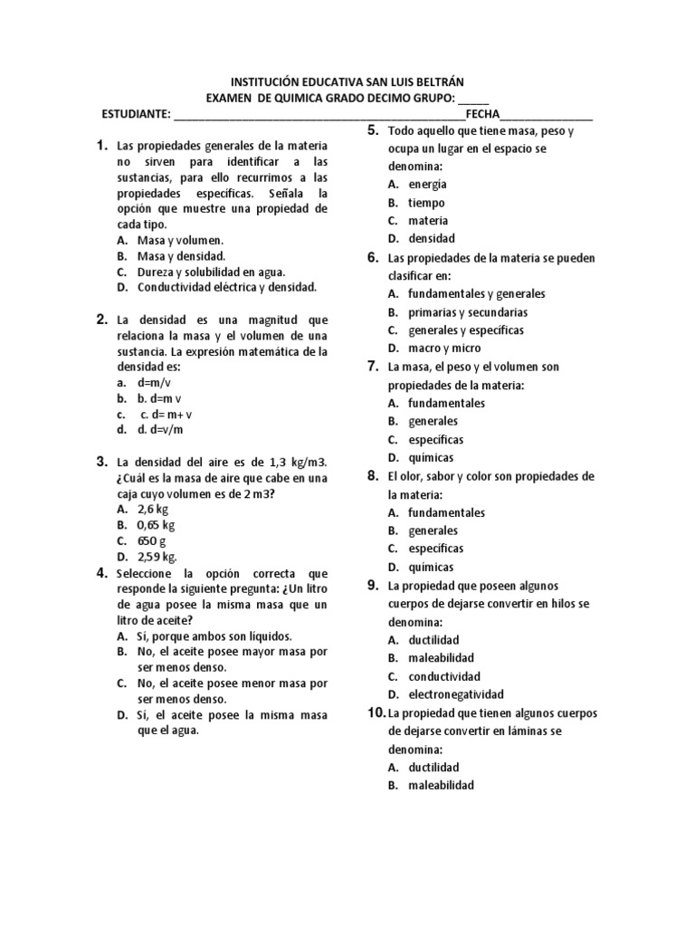 Examen Propiedades de La Materia | Densidad | Masa
