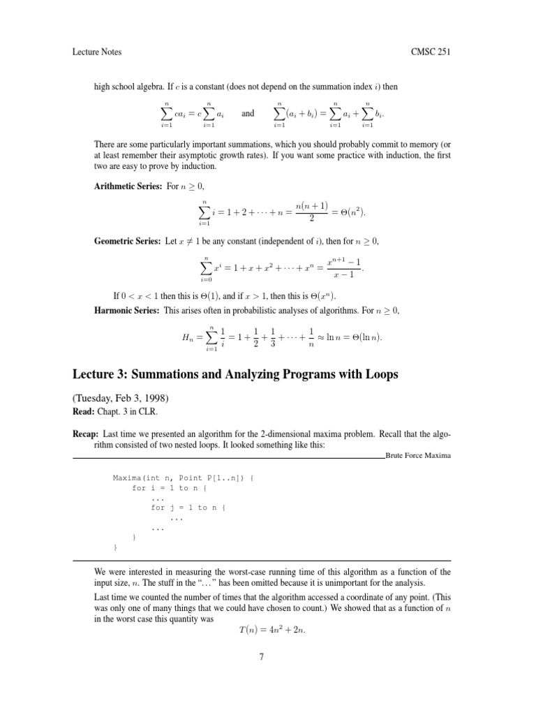 Lect3 Sums and Loops | PDF | Time Complexity | Summation