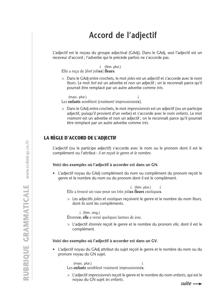 Accord de L'adjectif | PDF | Genre grammatical | Sujet (Grammaire)
