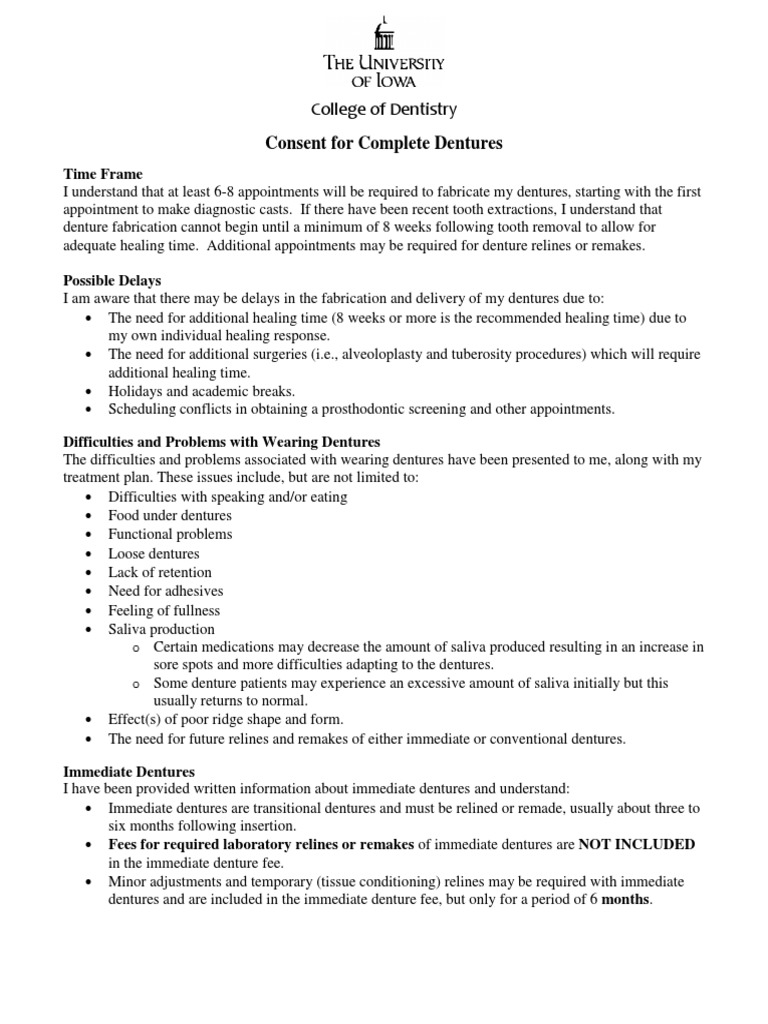 Complete Denture Consent Form | PDF | Dentures | Dentistry