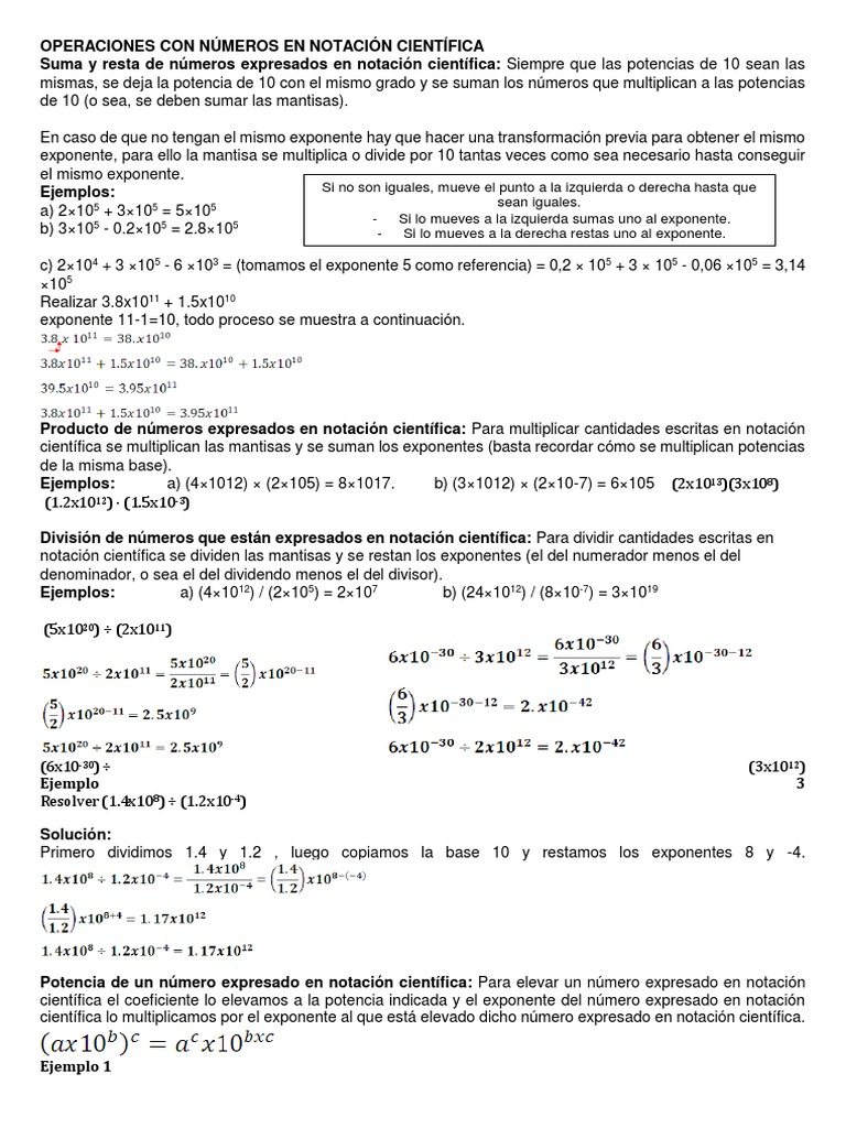 Operaciones Con Números en Notación Científica | PDF | Exponenciación | Fracción (Matemáticas)