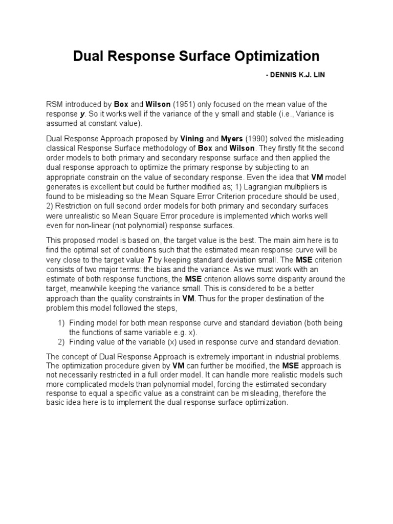 Dual Response Surface Optimization Dennis K J Lin Pdf