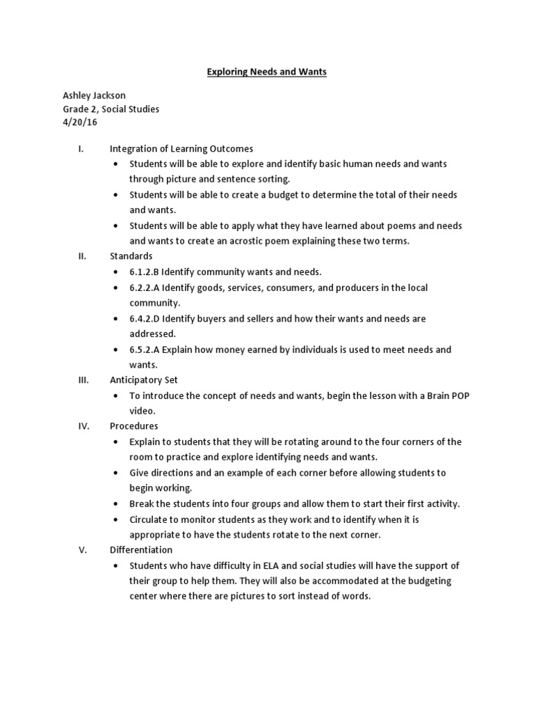 Needs and Wants Social Studies Lesson Plan | PDF | Educational ...