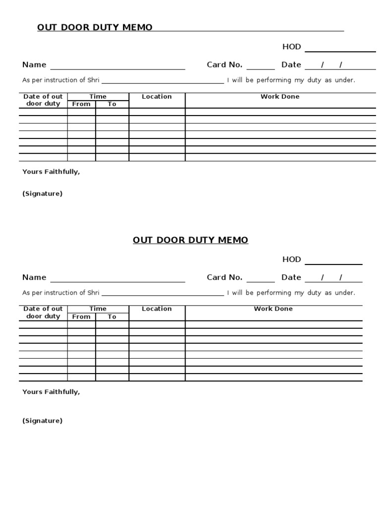 Out Door Duty Memo: HOD Name Card No. Date | PDF