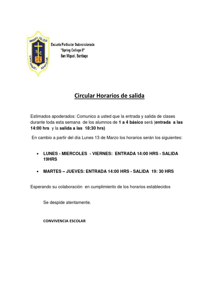 Circular Horarios de Entrada y Salida | PDF